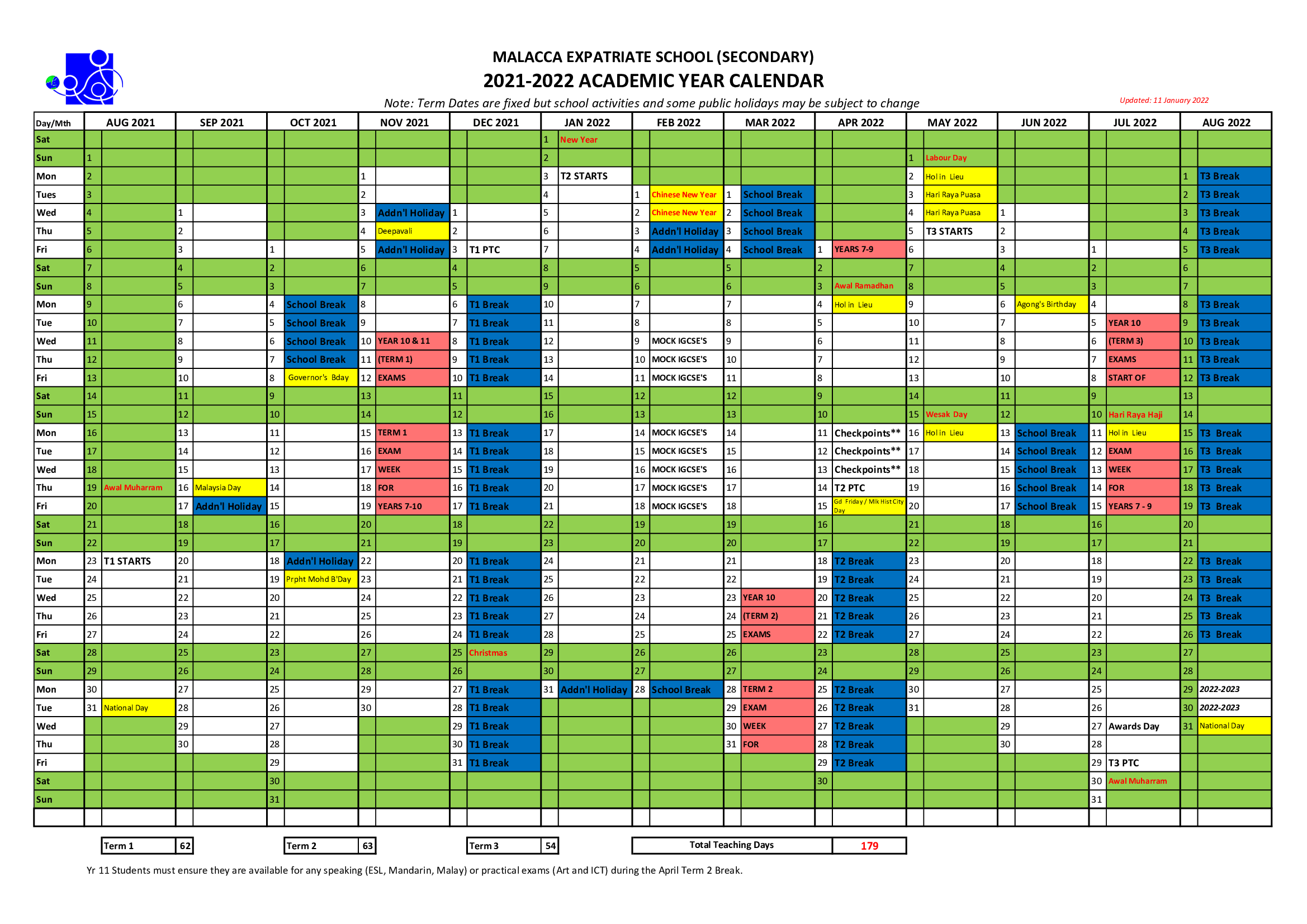 MES Secondary School Calendar – Malacca Expatriate School