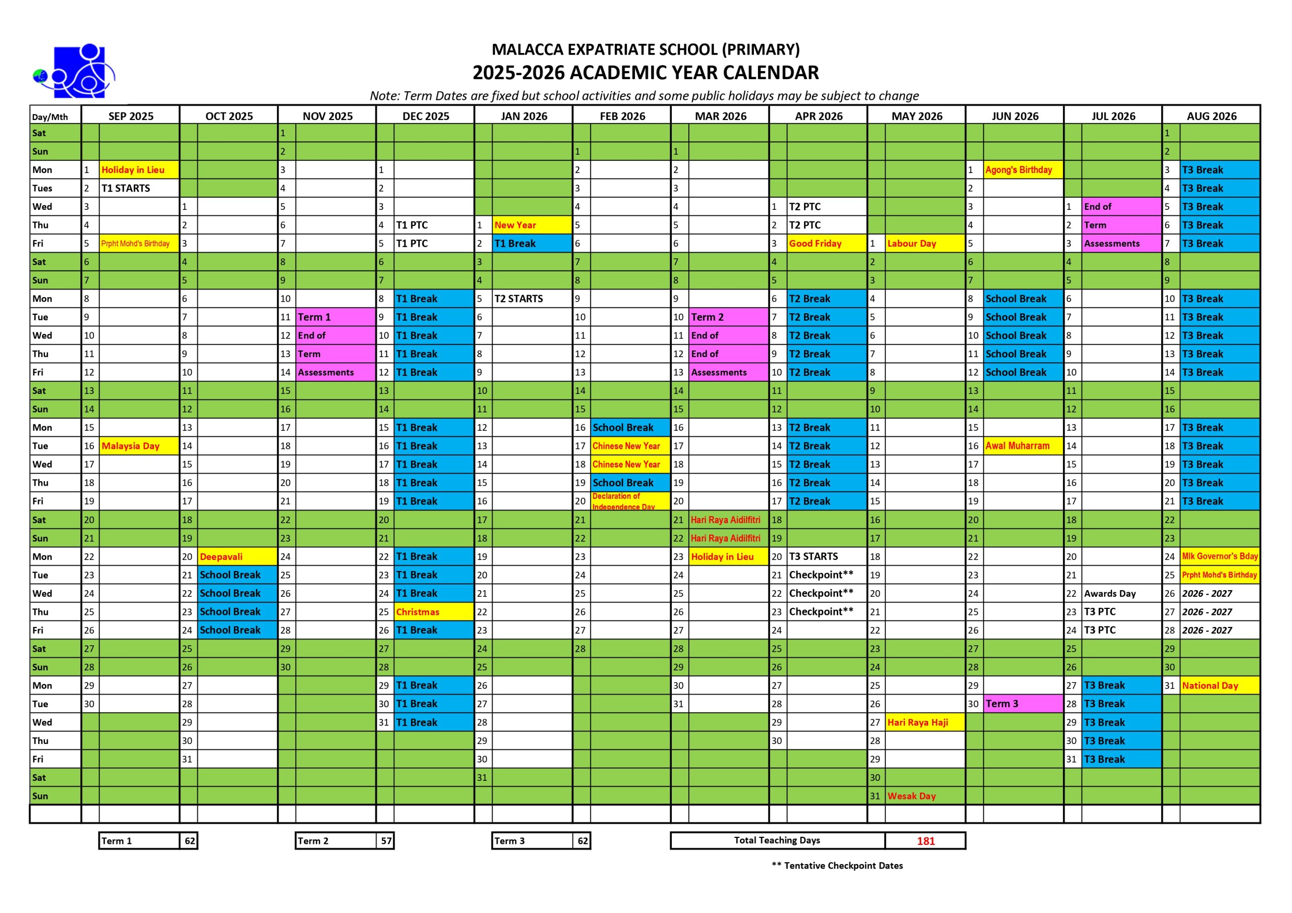 MES Primary School Calendar – Malacca Expatriate School